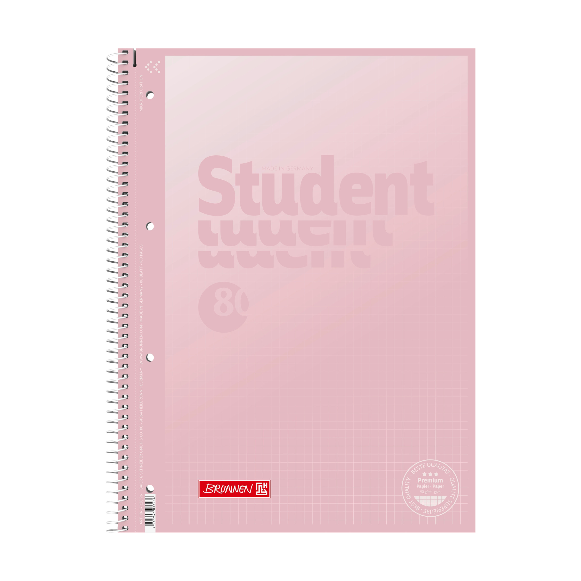 BRUNNEN Student Bloc-notes de 80 feuilles A4 petits carreaux Rose pastel