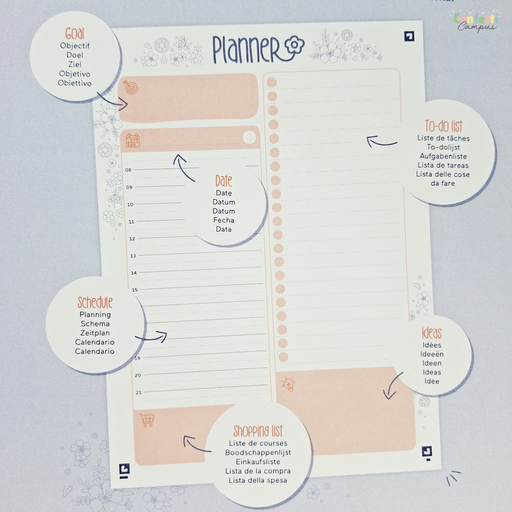 OXFORD FLORAL DAILY PLANNER Agenda journalier non daté A5 - Confetti Campus